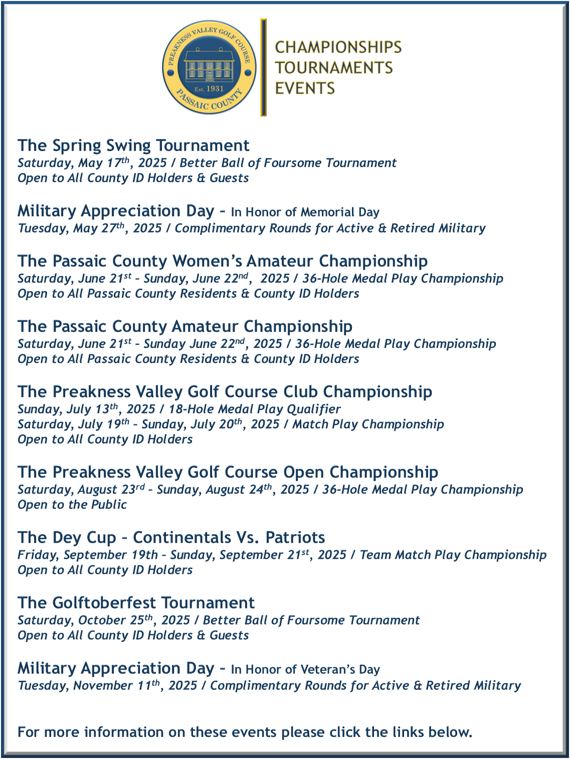 2025 TOURNAMENTS & EVENTS - Preakness Valley Golf Course